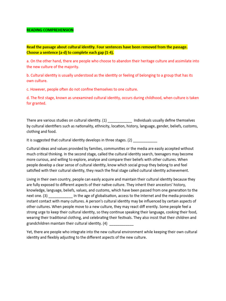 Reading Comprehension Cultural Identity | PDF | Identity (Social ...