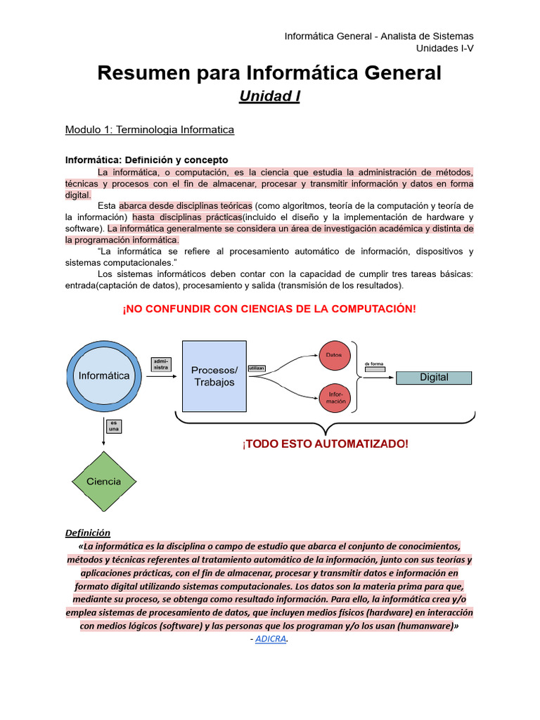 Resumen Informatica | PDF | Informática | Hardware de la computadora