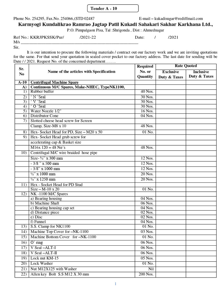 A-10 Centrifugal Machine Spares - WordToPdf | PDF | Screw | Valve