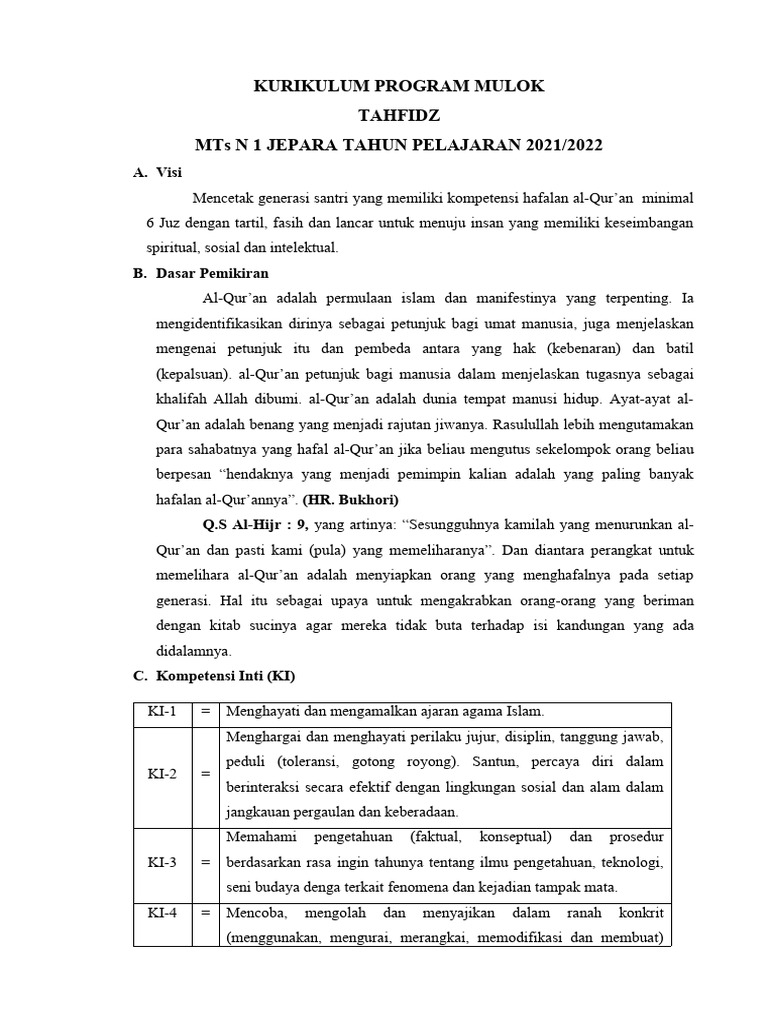 Mulok Kurikulum Tahfidz 2021 | PDF | Karier & Perkembangan