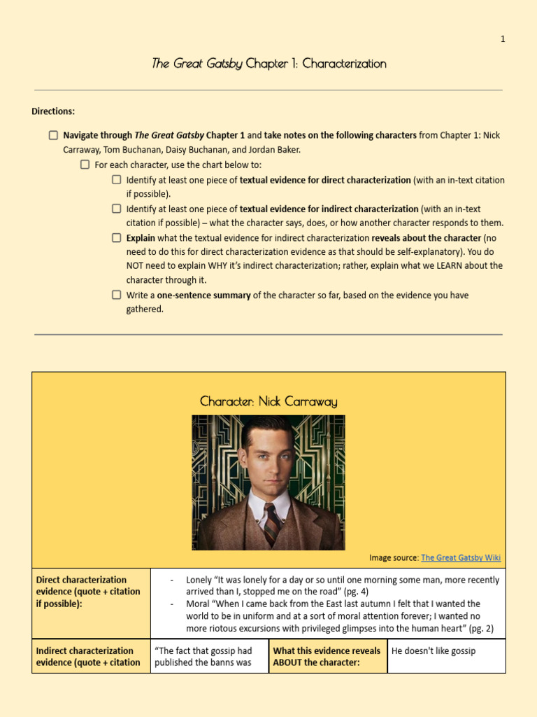 The Great Gatsby Chapter 1 Characterization | PDF | The Great Gatsby