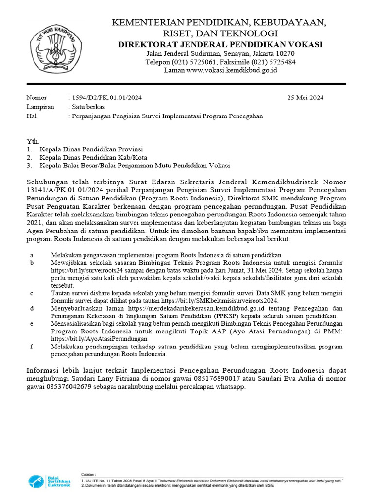 Perpanjangan Pengisian Survei Implementasi Program Pencegahan | PDF