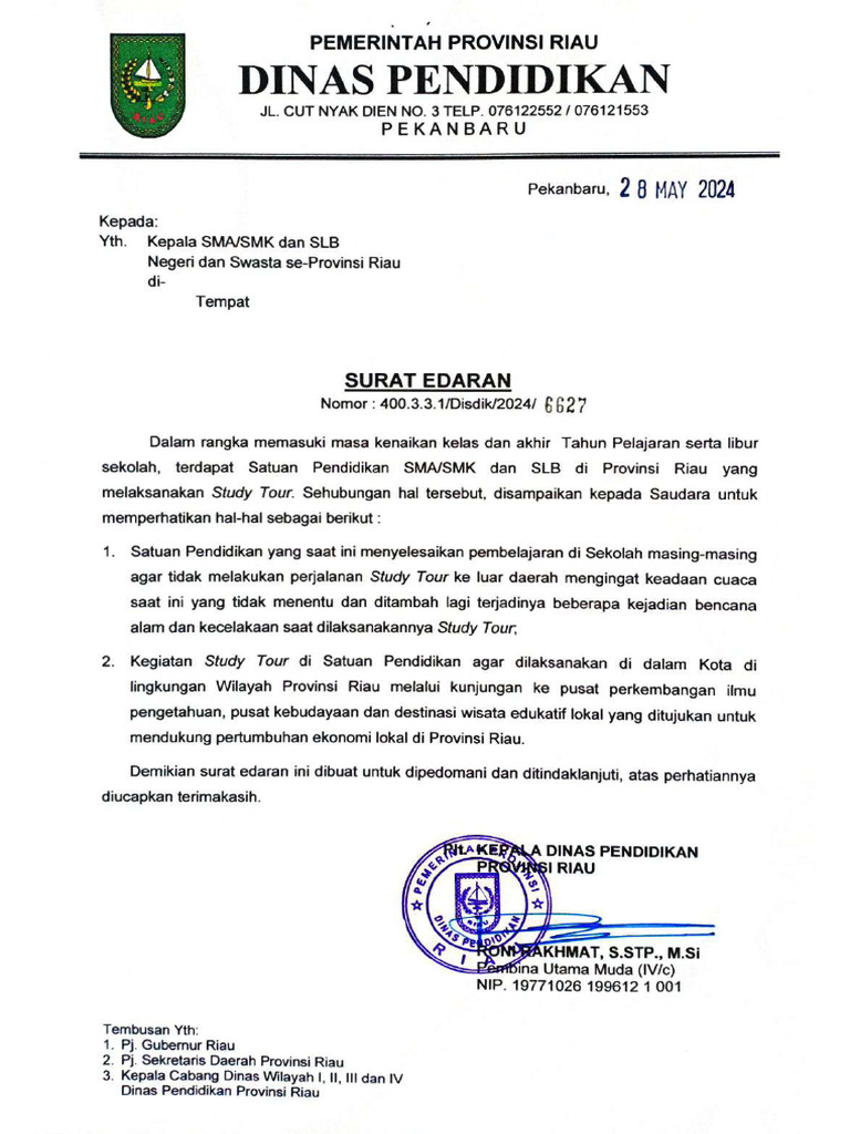 Surat Edaran Larangan Study Tour | PDF