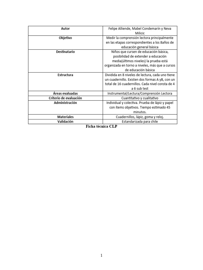 Autor Objetivo: Ficha Técnica CLP | PDF | Educación primaria | Oración