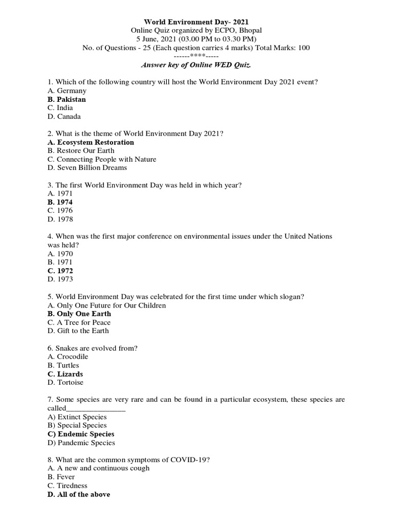 World Environment Day 2021 Quiz Answers | PDF | Biodiversity | Climate ...