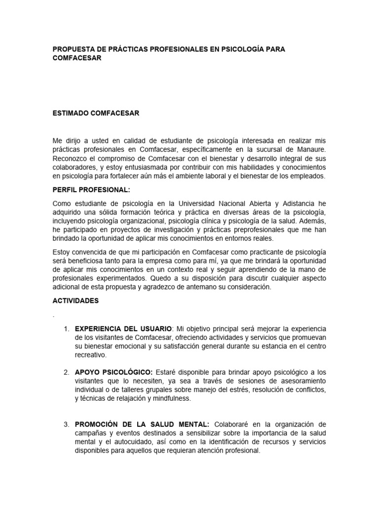 Propuesta de Prácticas Profesionales en Psicología para Comfacesar | PDF | Sicología ...