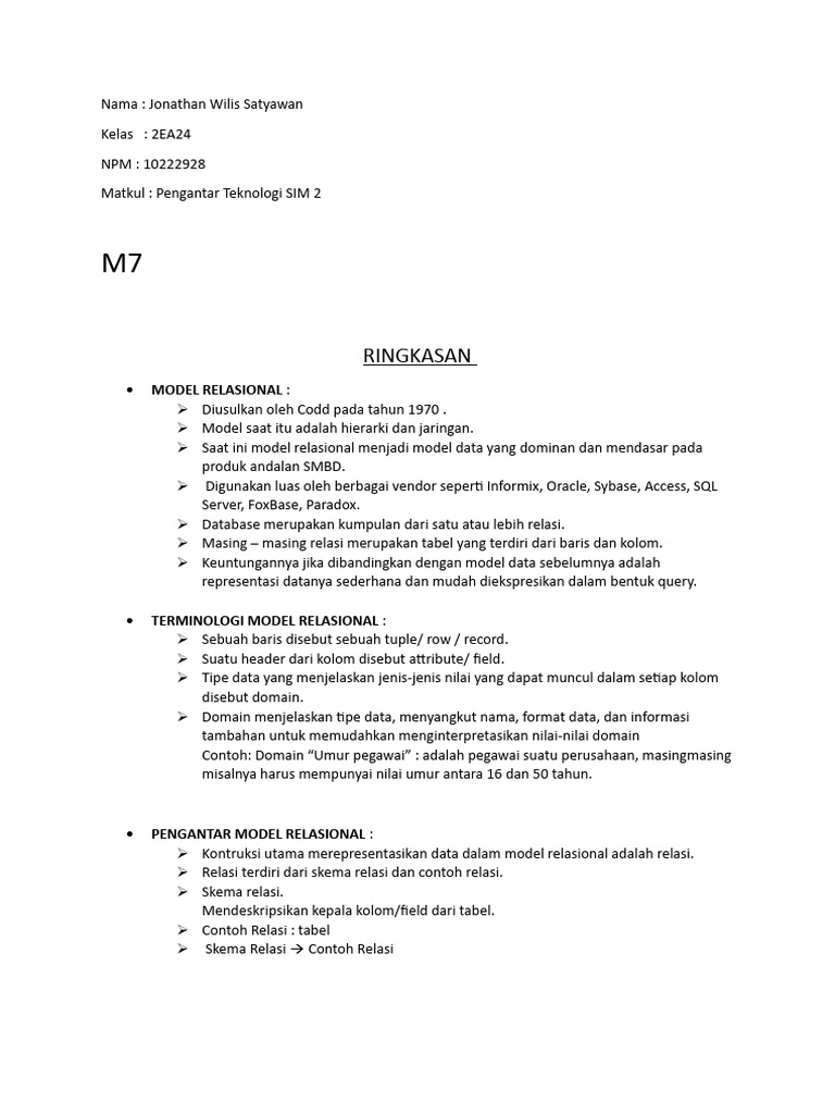 Ringkasan SIM M7 - Jonathan Wilis Satyawan - 10222928 - 2EA24 | PDF | Komputer | Metode & Bahan Ajar