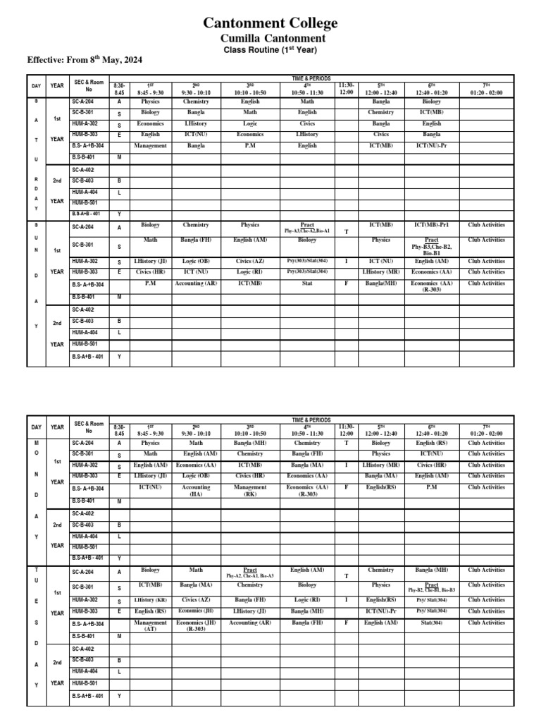 Class Routine 2023 Final 1 Pdf Natural Sciences