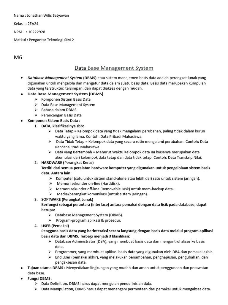 Ringkasan SIM M6 - Jonathan Wilis Satyawan - 10222928 - 2EA24 | PDF | Komputer