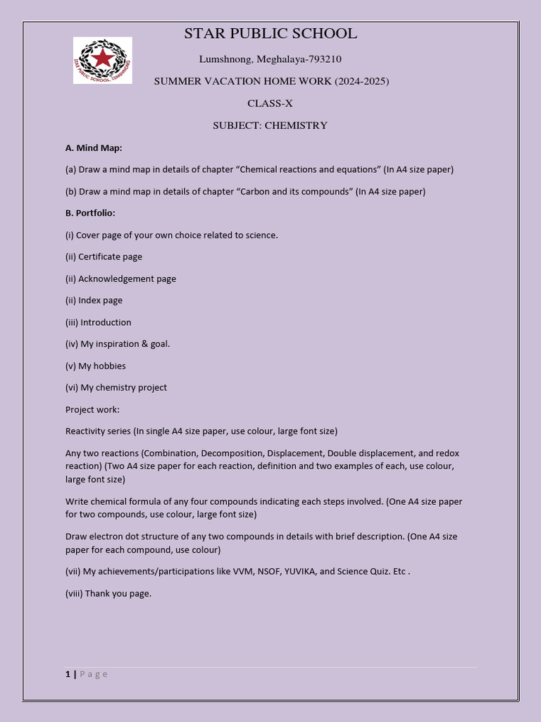 Vacation Homework and Project - X | PDF