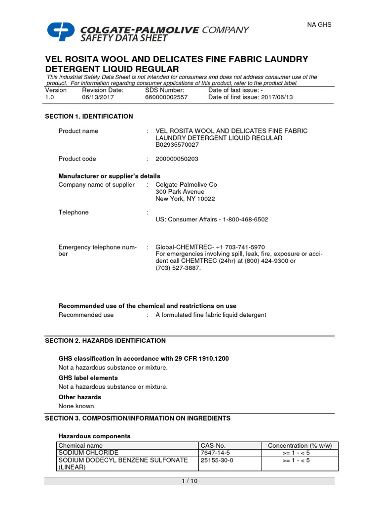 Sds Vel Rosita Pdf Toxicity Dangerous Goods
