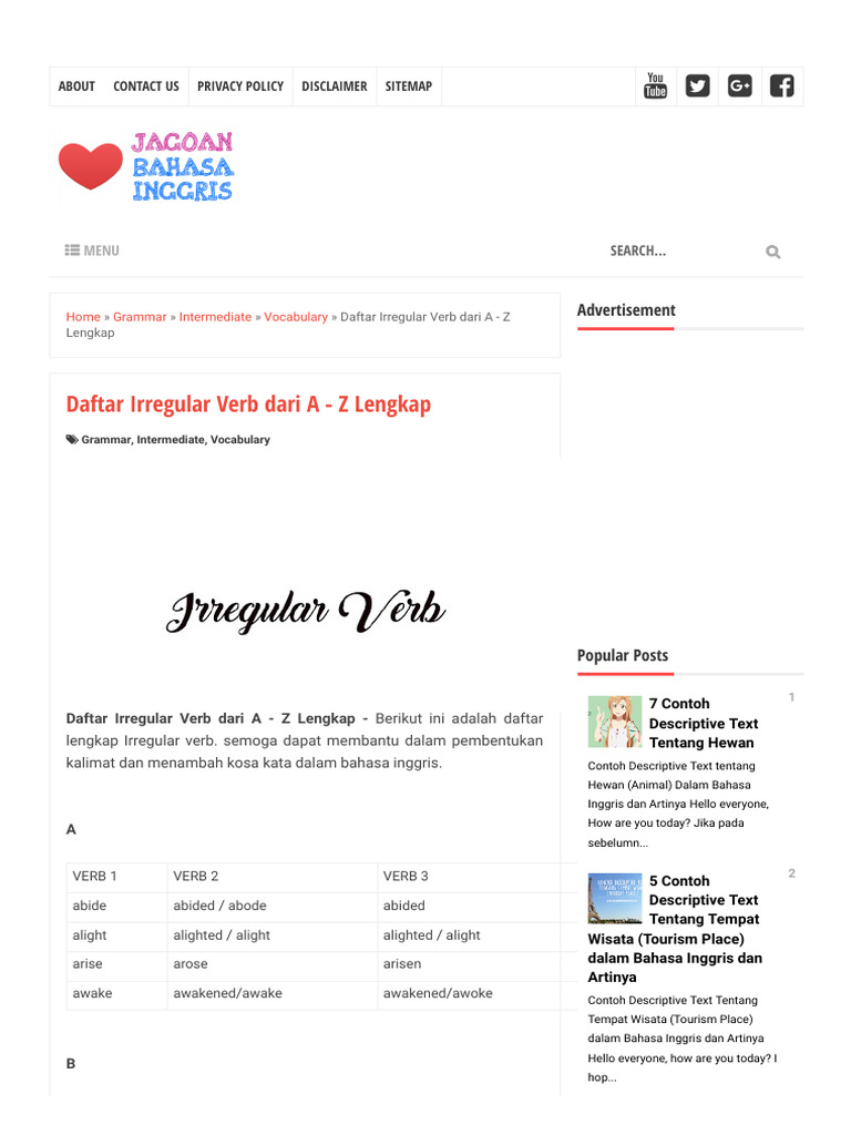 Daftar Irregular Verb Dari A Z Lengkap Jagoan Bahasa Inggris Pdf