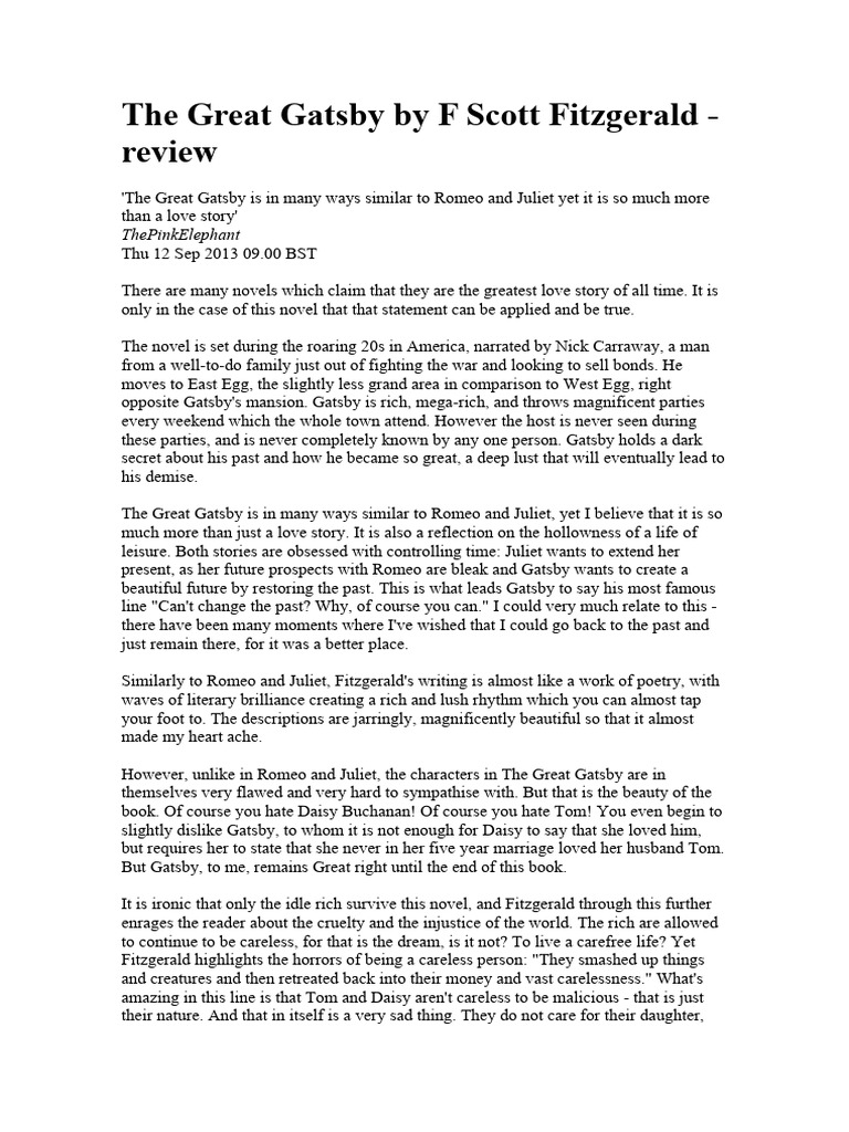 The Great Gatsby by F Scott Fitzgerald Review | PDF | The Great Gatsby