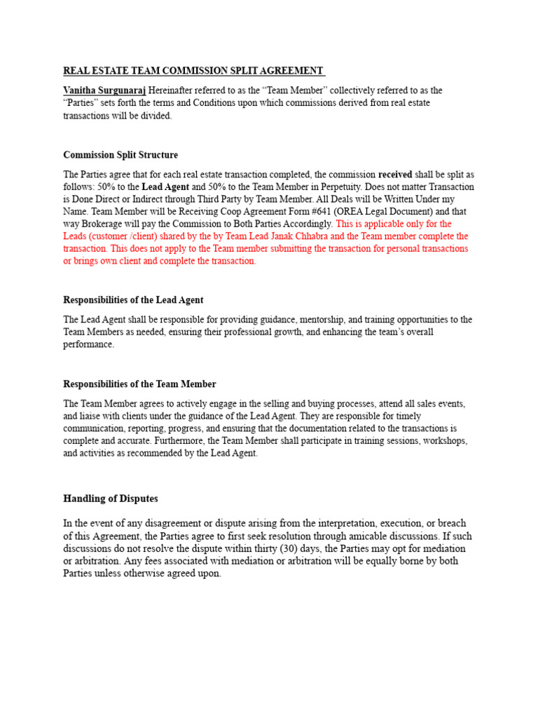 Real Estate Team Commission Split Agreement and My Business Card To Use ...