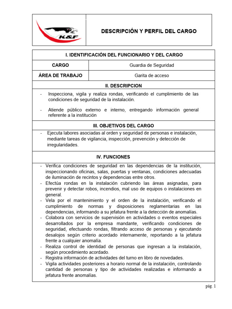 DESCRIPCION Y PERFIL DEL CARGO Guardia | PDF | Business