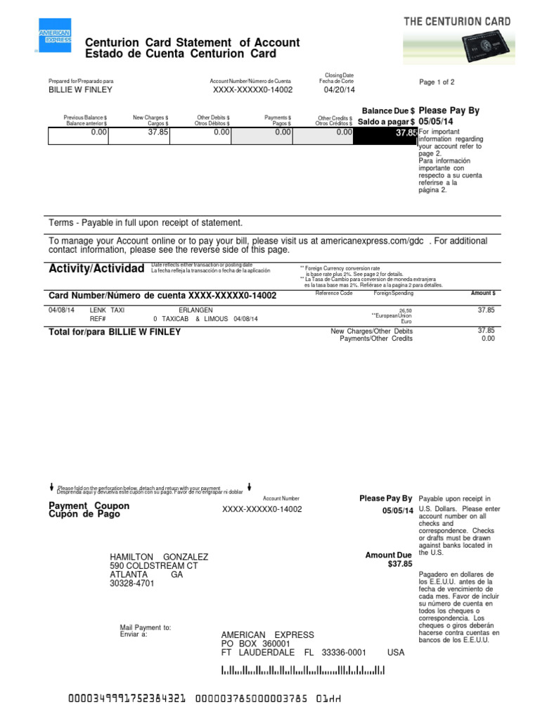 Amex Billie Statement FULL | Download Free PDF | Cheque | Payments