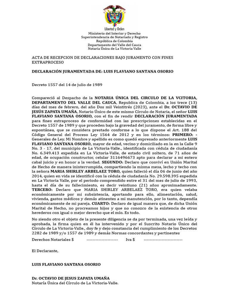 Declaración Juramentada en La Victoria | PDF | Derecho Civil (Common ...