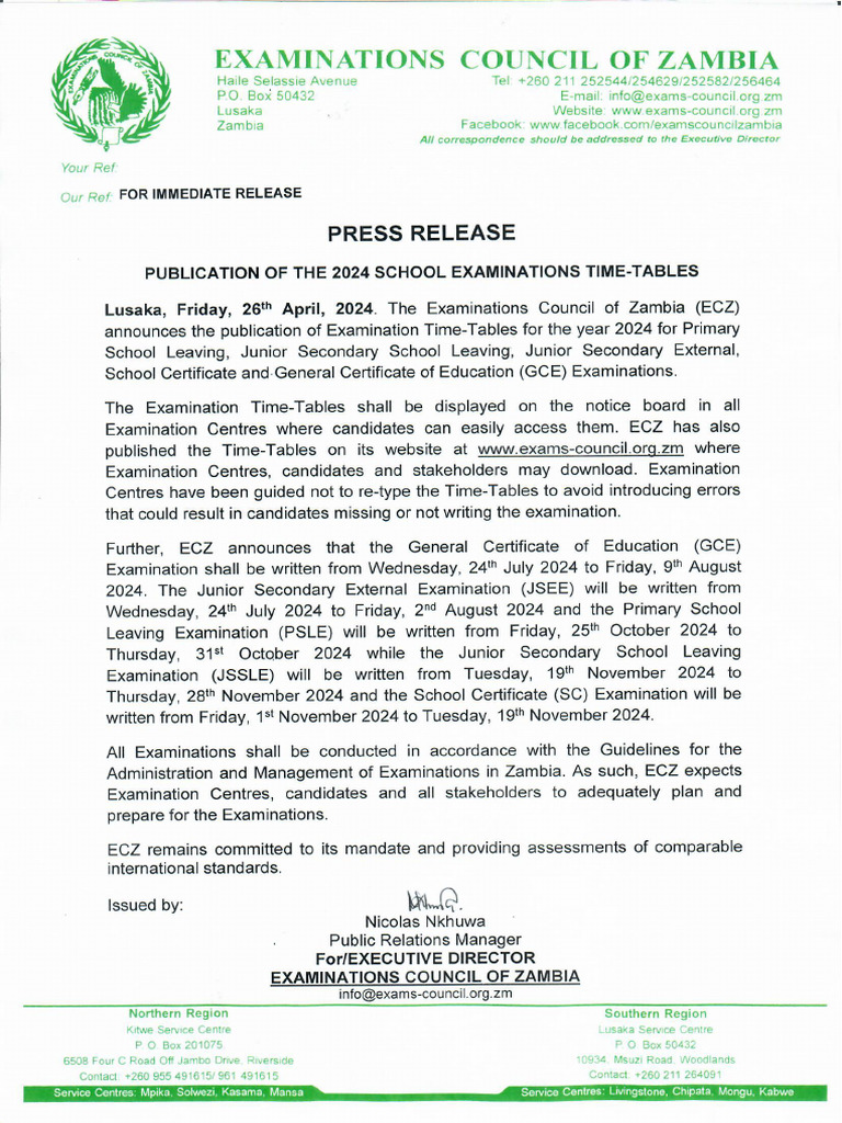 ECZ Press Release On 2024 Exam Time Tables | PDF