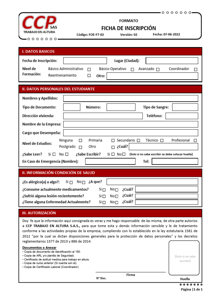 FOE-FT-02 Ficha de Inscripción V2 | PDF