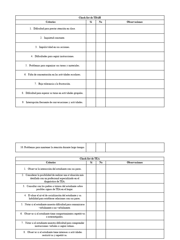 Checklist para TDAH y TEA en Niños | PDF | Desorden hiperactivo y ...