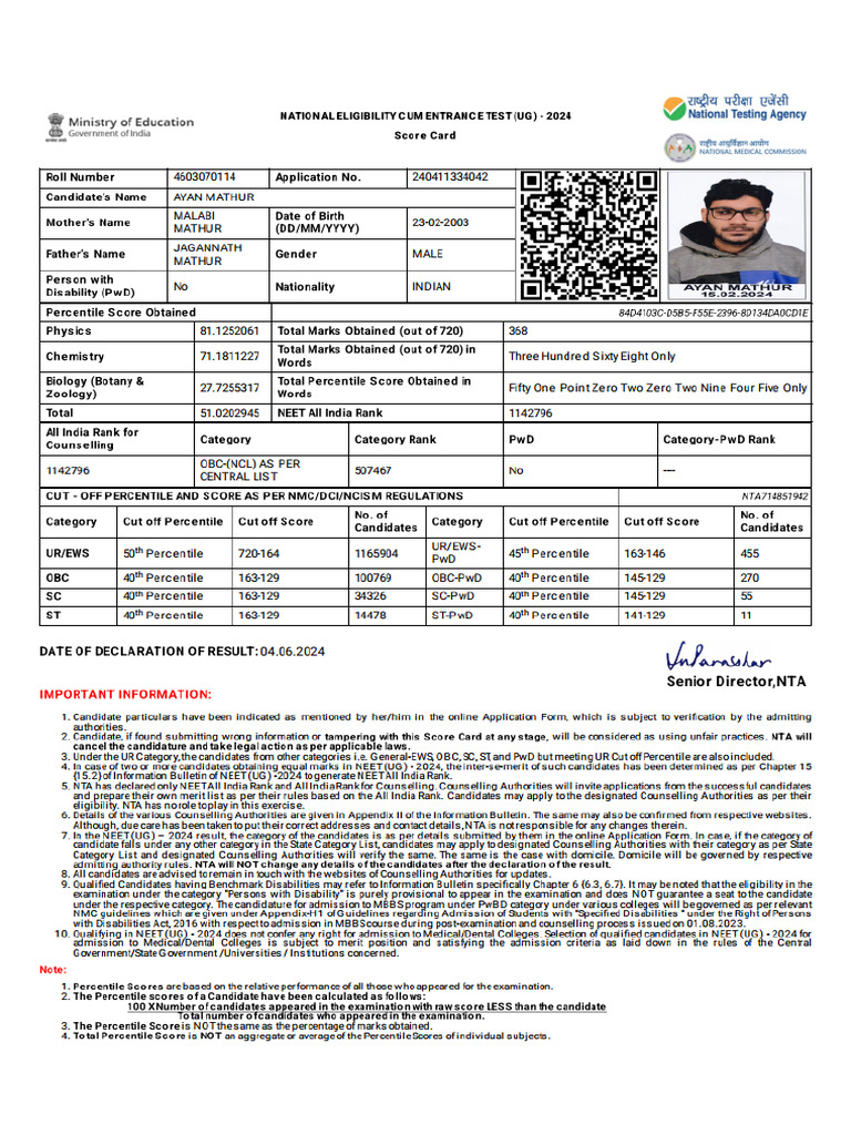 Neet - Ntaonline.in Frontend Web Scorecard Index | PDF