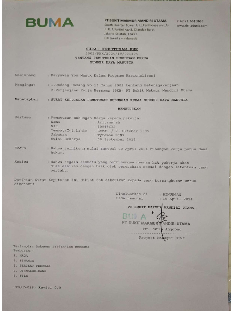 Surat PHK | PDF