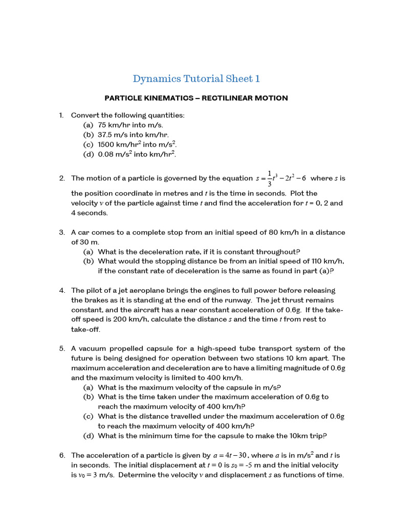 Dynamics Tutorial Sheet 1 - Particle Kinematics - Rectilinear Motion | PDF | Acceleration ...