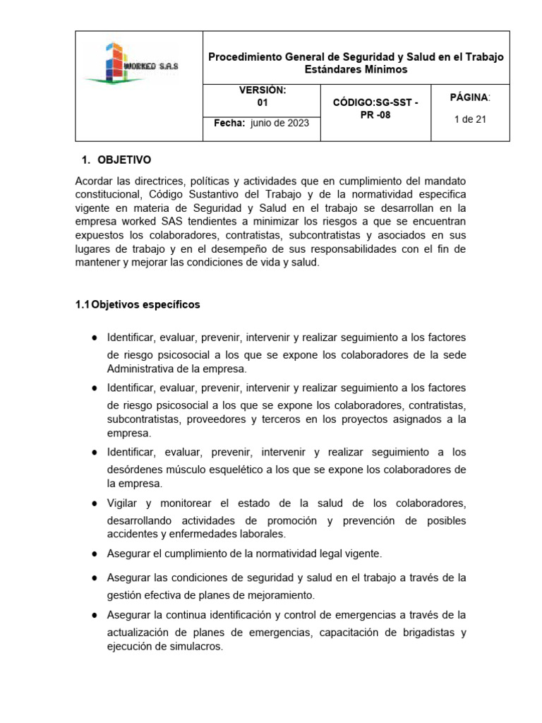 SGSST-PR08 Procedimiento de Seguridad y Salud en El Trabajo (Estandares Minimos) WORKED | PDF ...
