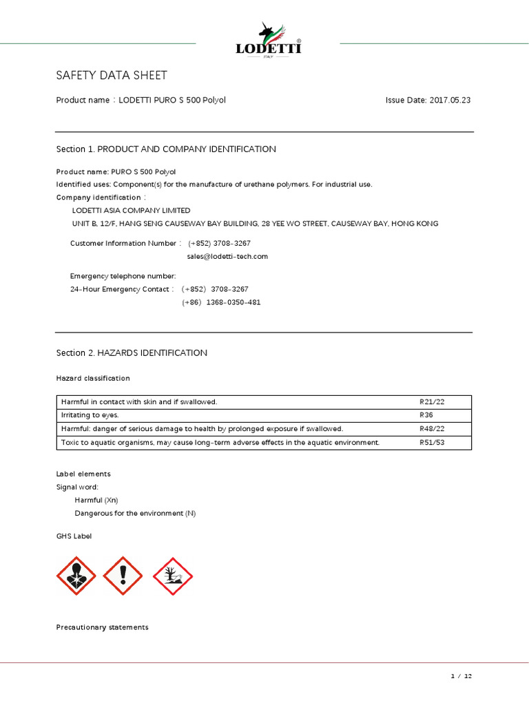PURO S 500 Polyol Safety Data Sheet | PDF | Toxicity | Water