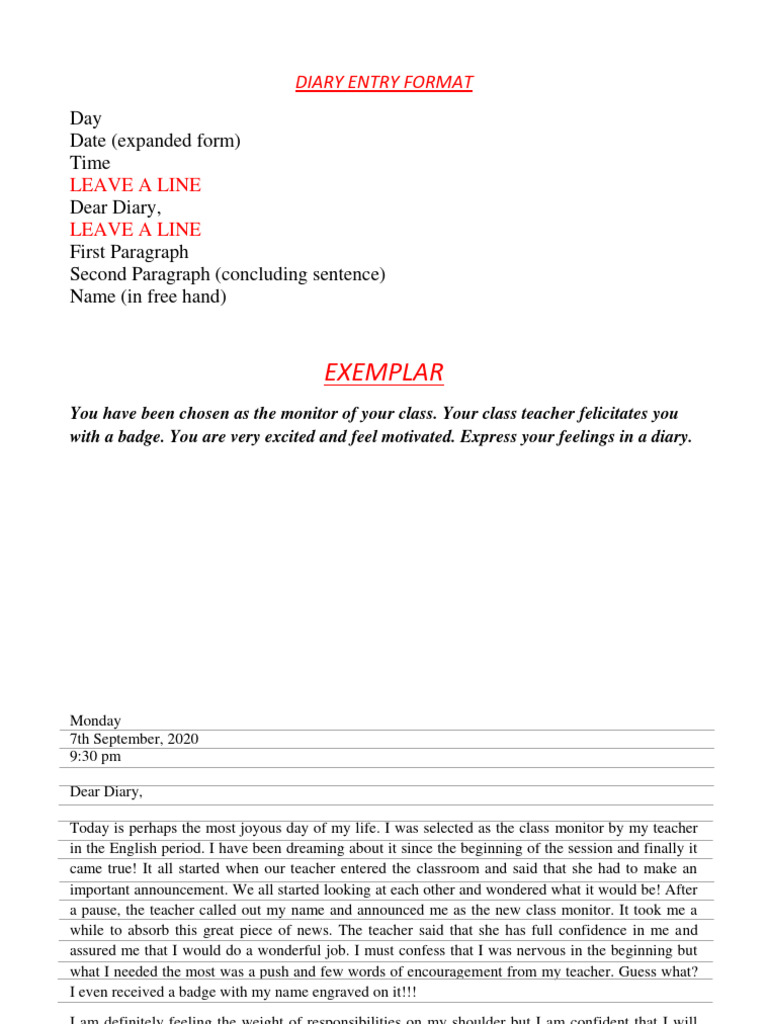 Diary Entry Format & Exemplar | PDF