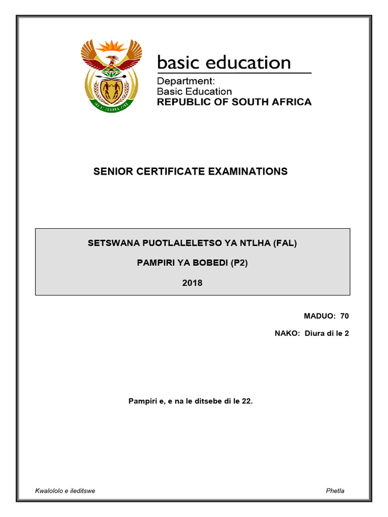 Setswana FAL P2 May-June 2018 | PDF | Languages Of Africa | Languages