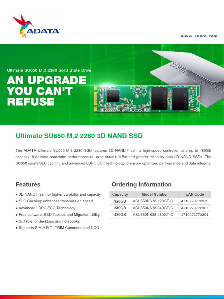 Datasheet - Ultimate SU650 M.2 2280 SSD - 20190705 | PDF | Solid State Drive | Flash Memory