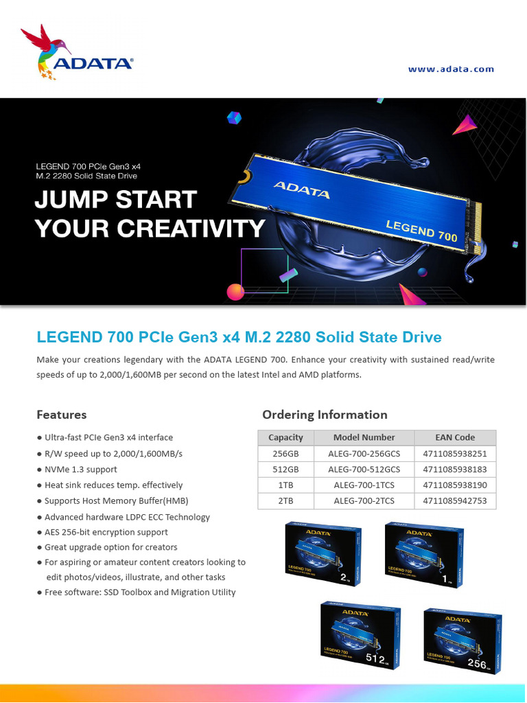 ADATA LEGEND 700 SSD: Fast PCIe Gen3 x4 | PDF | Solid State Drive | Flash Memory