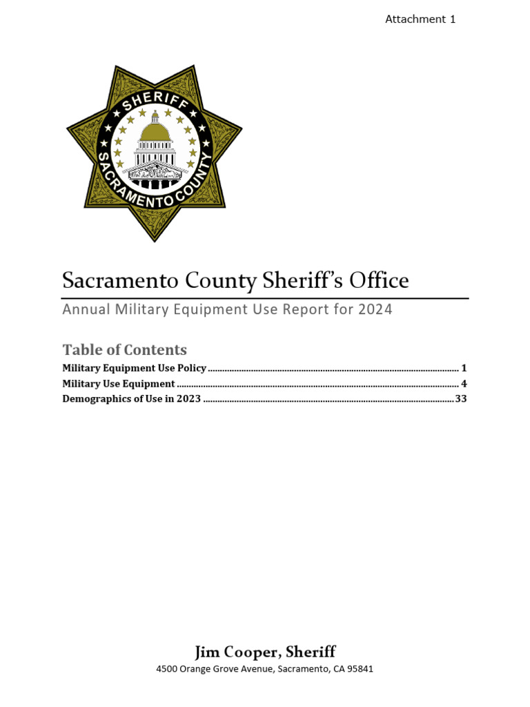 Sacramento County Sheriff's Office 2024 Military Equipment Use Report | Download Free PDF ...