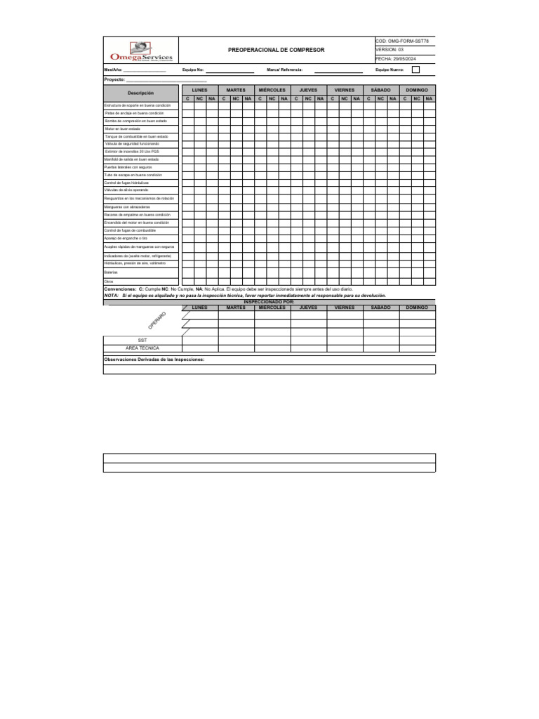 Omg-Form-Sst78 Formato Preoperacional de Compresor | PDF | Tecnologías ...