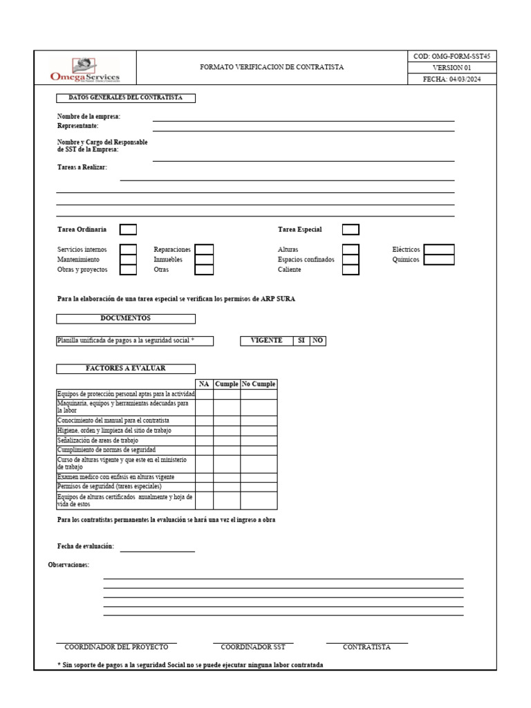 OMG-FORM-SST45 VERIFICACION DE INGRESO CONTRATISTA | PDF