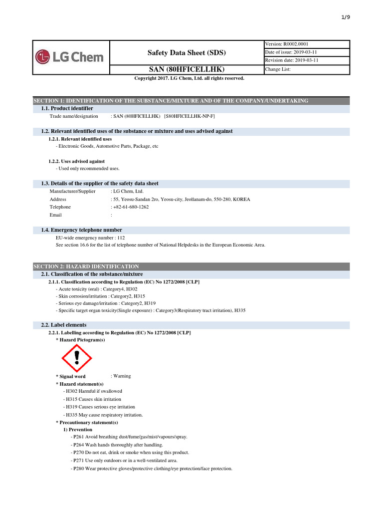 MSDS_S80HFICELLHK_Eng | Download Free PDF | Safety | Occupational ...