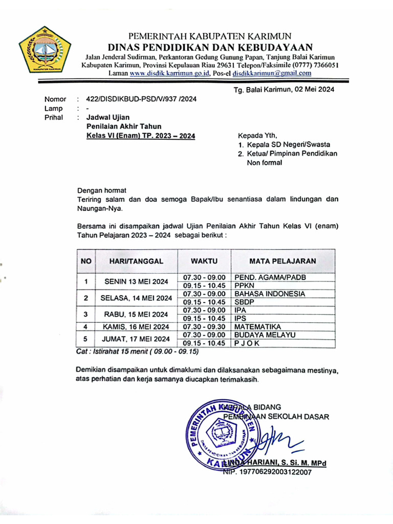 Surat Edaran Ujian Kelas 6 | PDF