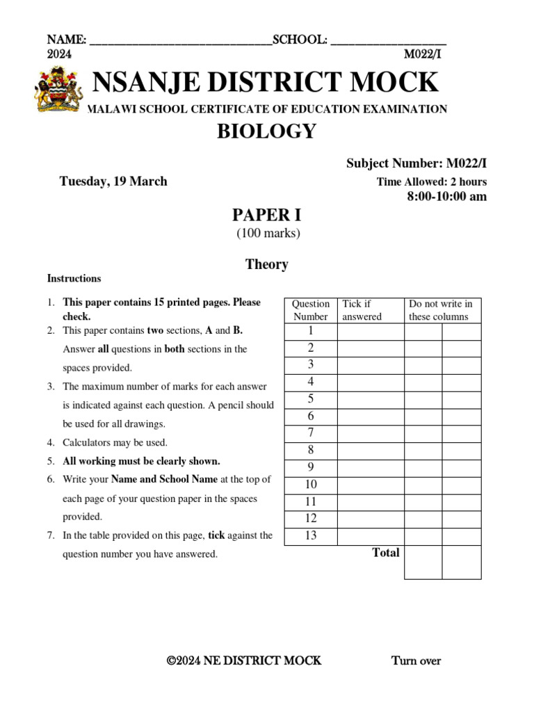 2024 MSCE Biology Mock Exam Paper | PDF | Blood Type | Genotype