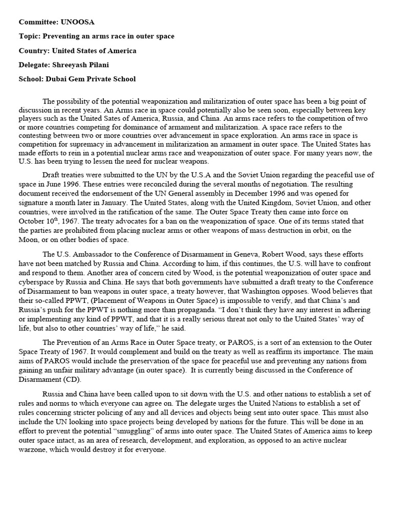 MUN Position Paper - Topic 1 | Download Free PDF | Nuclear Disarmament ...