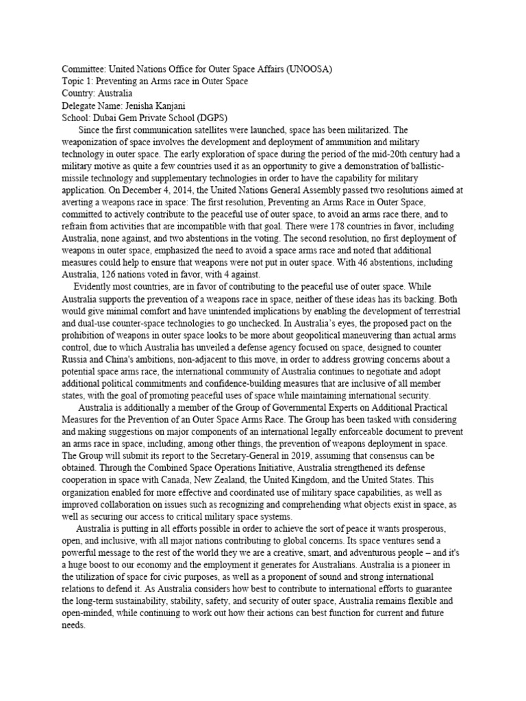 Australia-UNOOSA-Position Paper - Topic 1 | PDF | Global Politics ...