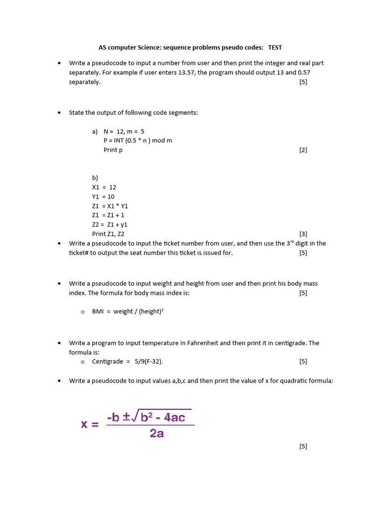 As Computer Pseudocode Test Pdf