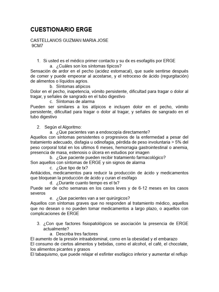 Cuestionario Erge | PDF | La enfermedad por reflujo gastroesofágico | Enfermedades digestivas