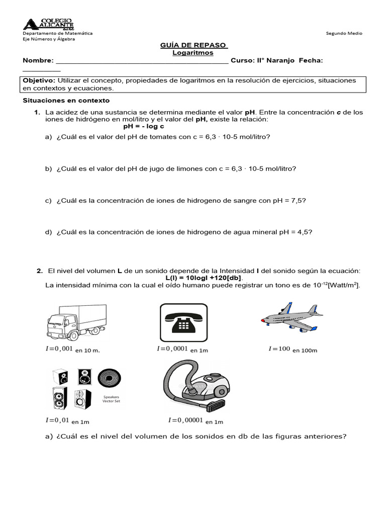 GUÍA DE REPASO Logaritmo | PDF | Ph | Decibel