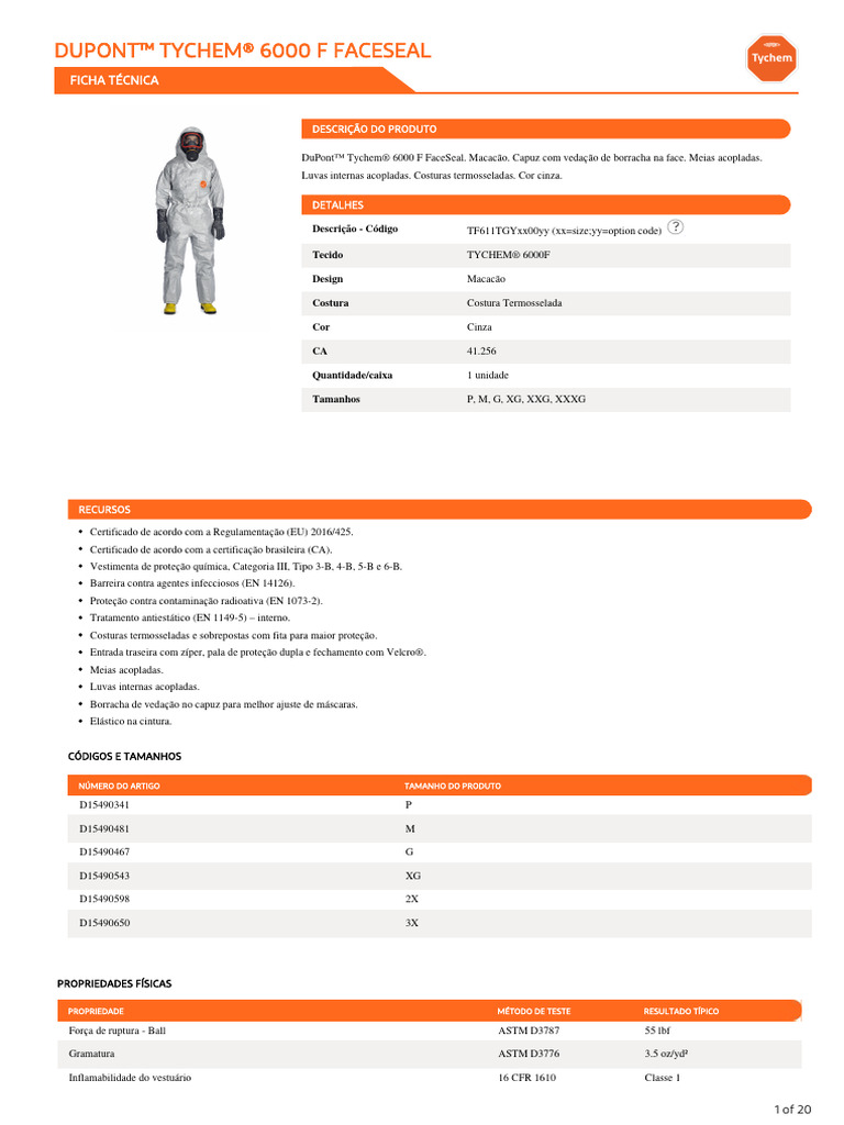 Dupont Tychem 6000 F Faceseal Tf611t BR | PDF | Química | Compostos químicos