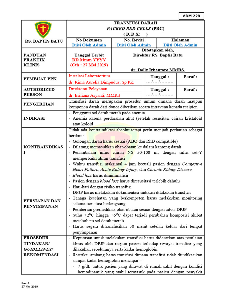 PPK Tranfusi Darah PRC (Pengajuan Format PPK Tindakan) | PDF