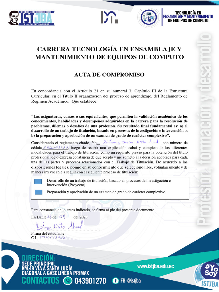 Acta de Compromiso Modalidad de Titulación Estudiante - TEMEC | PDF ...