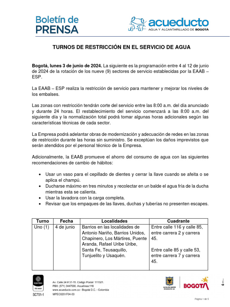 Séptimo Ciclo de Racionamiento | PDF | Bogotá
