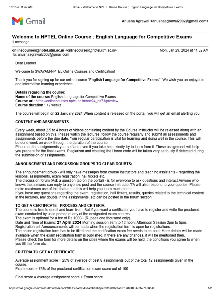 NPTEL Registration - Anusha Agrawal (2019701005) | PDF | Educational ...