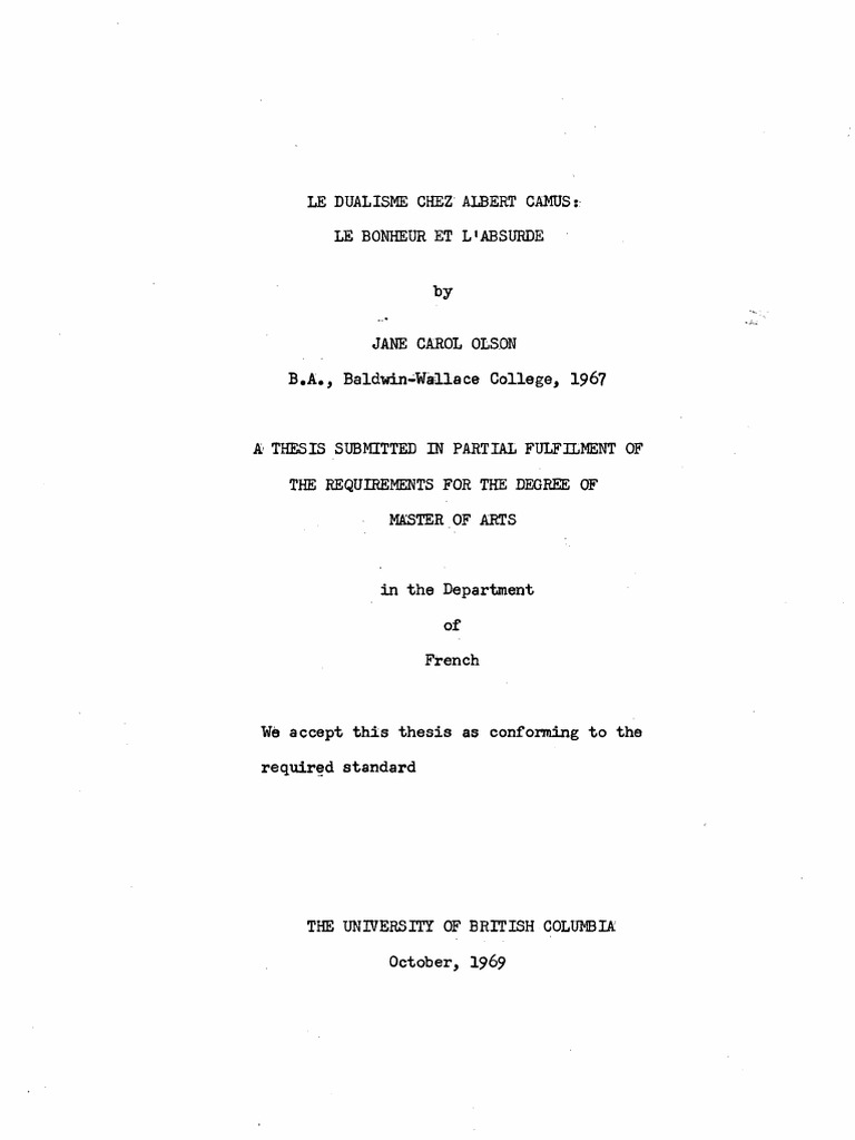 Le Dualisme CHZ Albert Camus UBC - 1969 - A8 O47 | PDF | Thesis